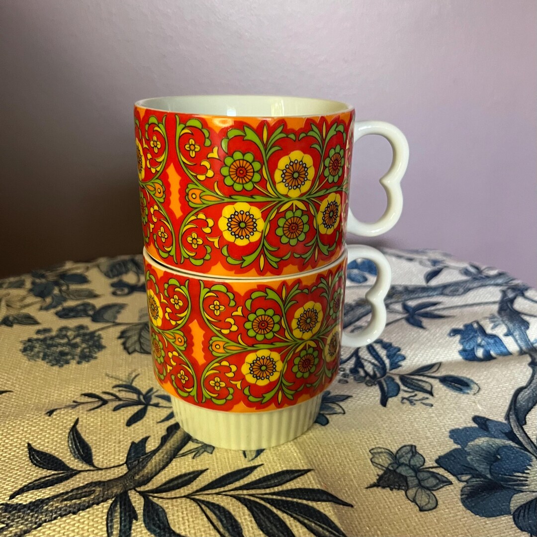 Set of 2 Vintage MCM Flower Power Orange Green Yellow and Red Stacking ...