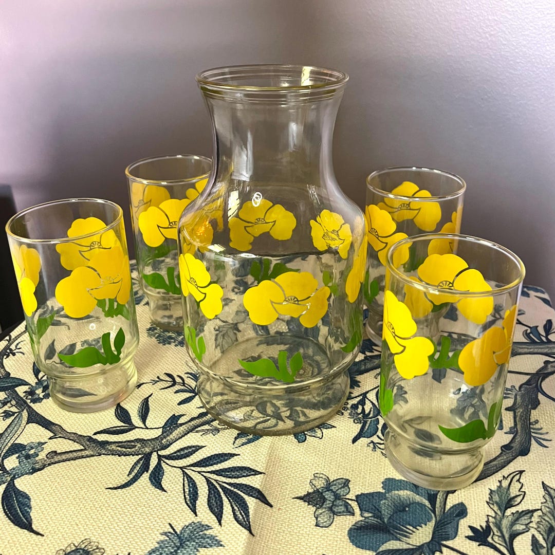Vintage Anchor Hocking Yellow Foxy Flower Carafe and 4 Juice Glasses - Etsy