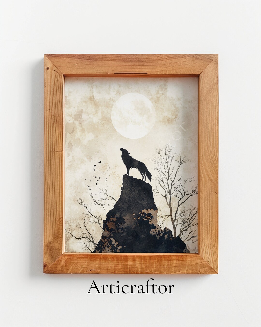 Howling Wolf Silhouette, Full Moon Night, Bare Trees, Birds Flying ...