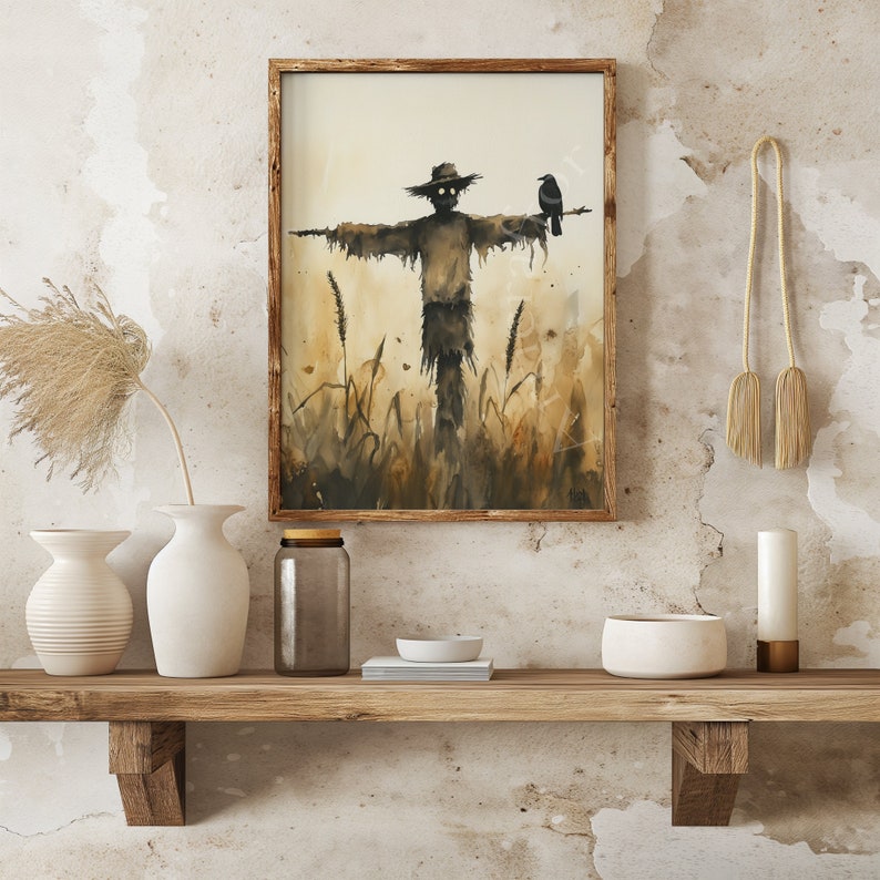Spooky Scarecrow Painting, Halloween Decor, Fall Harvest, Raven Artwork ...
