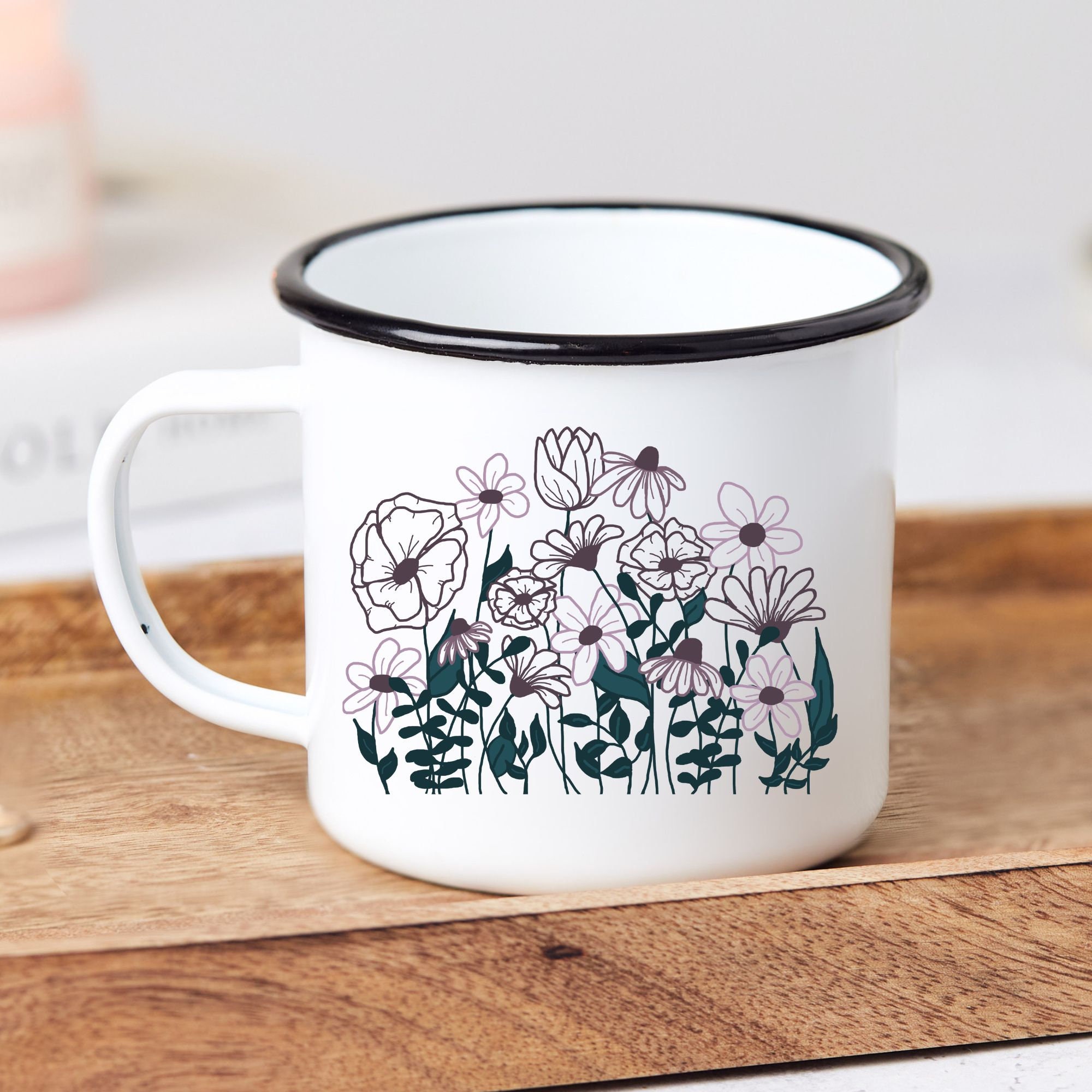Wildflower Graphic Camping Mug, Hand Drawn Nature-inspired Botanical ...
