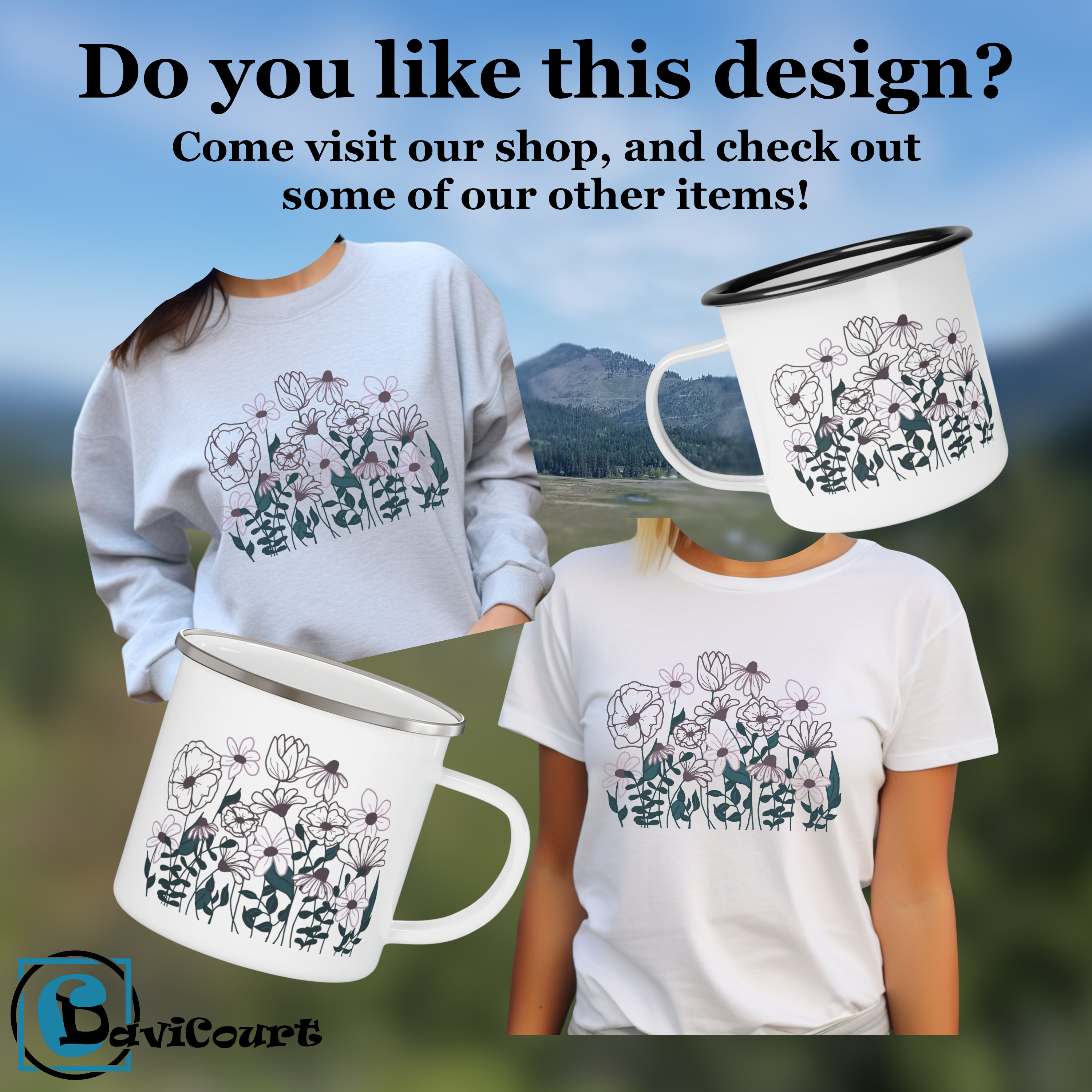 Wildflower Graphic Camping Mug, Hand Drawn Nature-inspired Botanical ...