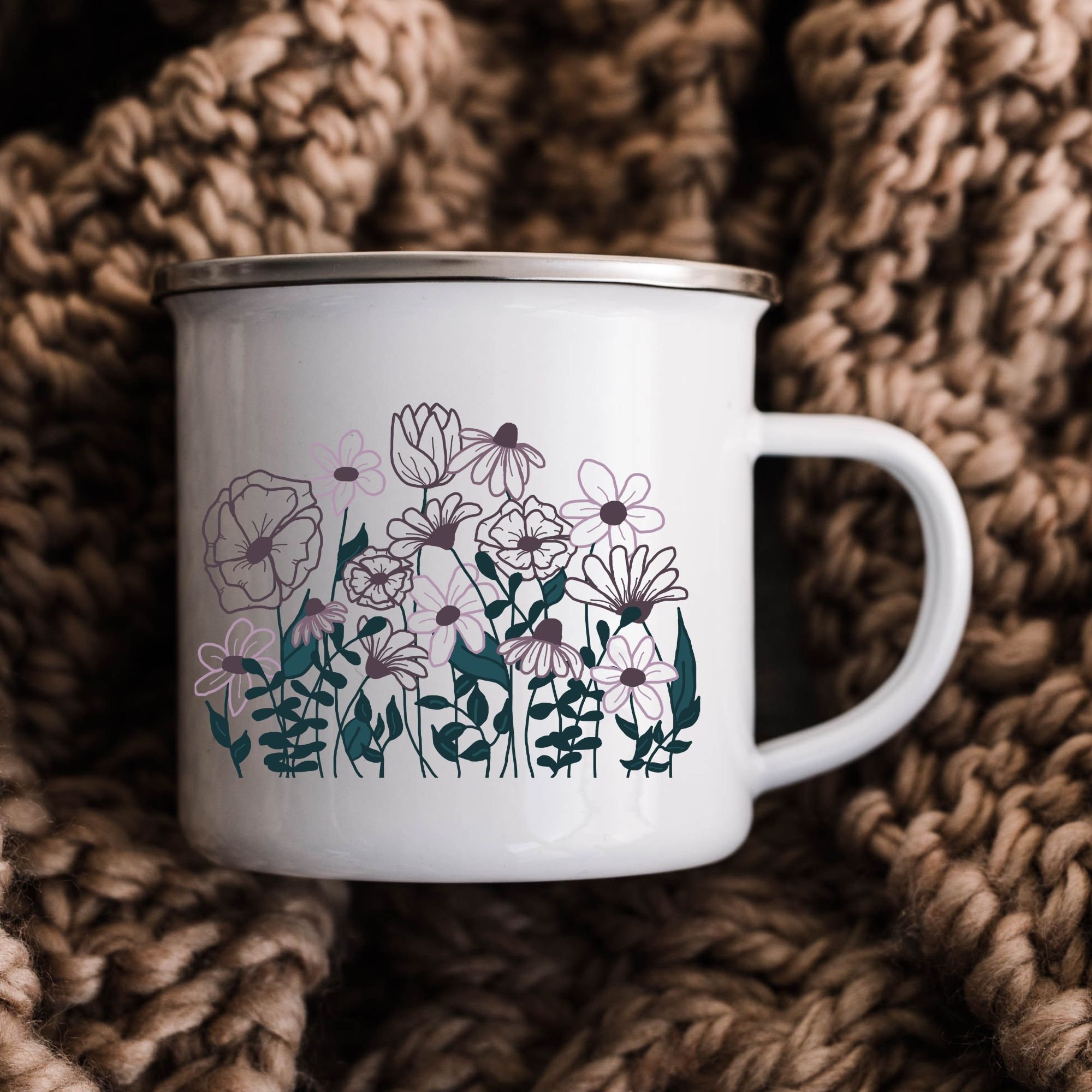 Wildflower Graphic Camping Mug, Hand Drawn Nature-inspired Botanical ...