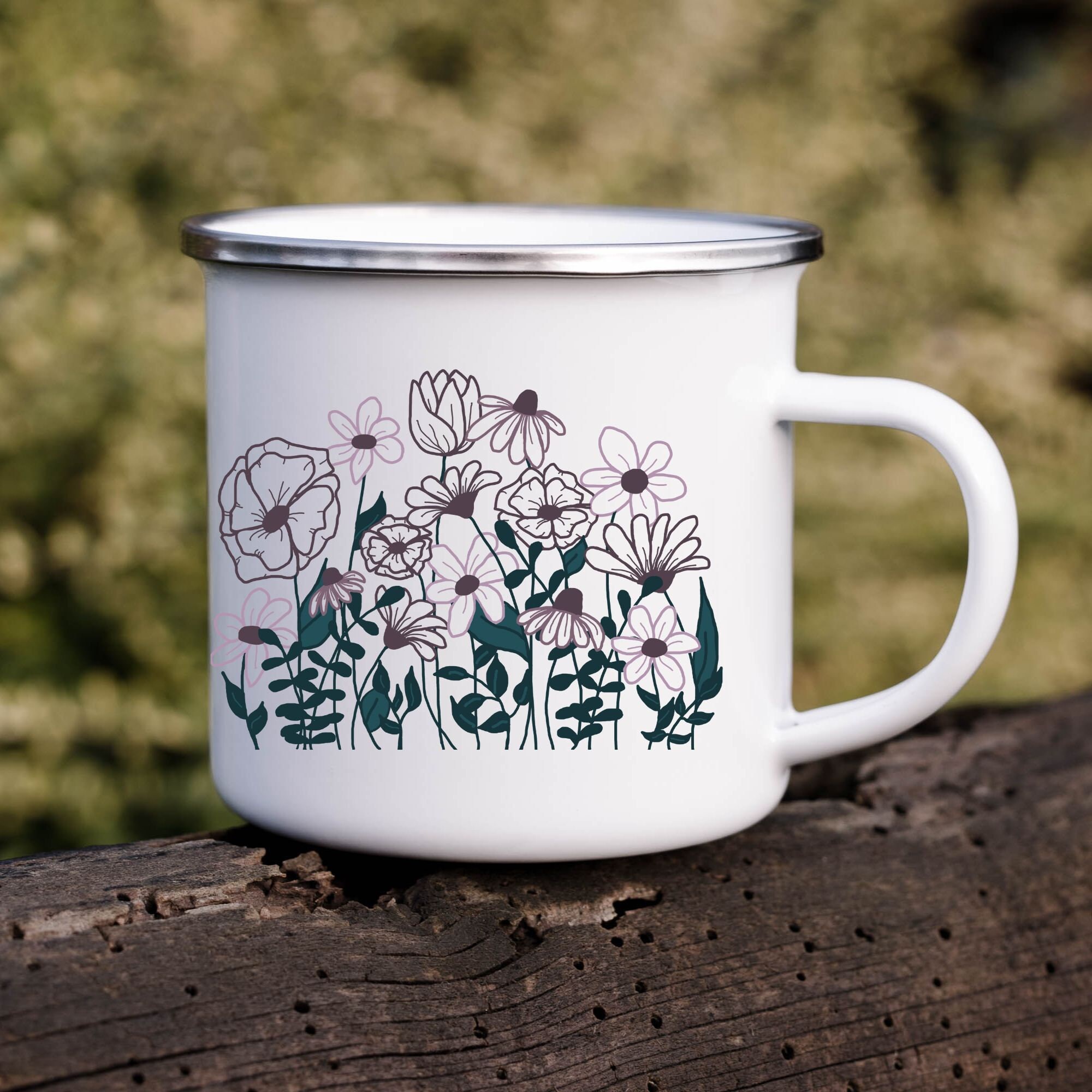 Wildflower Graphic Camping Mug, Hand Drawn Nature-inspired Botanical ...