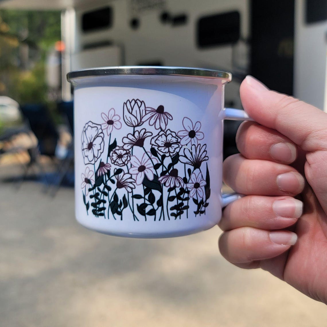 Wildflower Graphic Camping Mug, Hand Drawn Nature-inspired Botanical ...