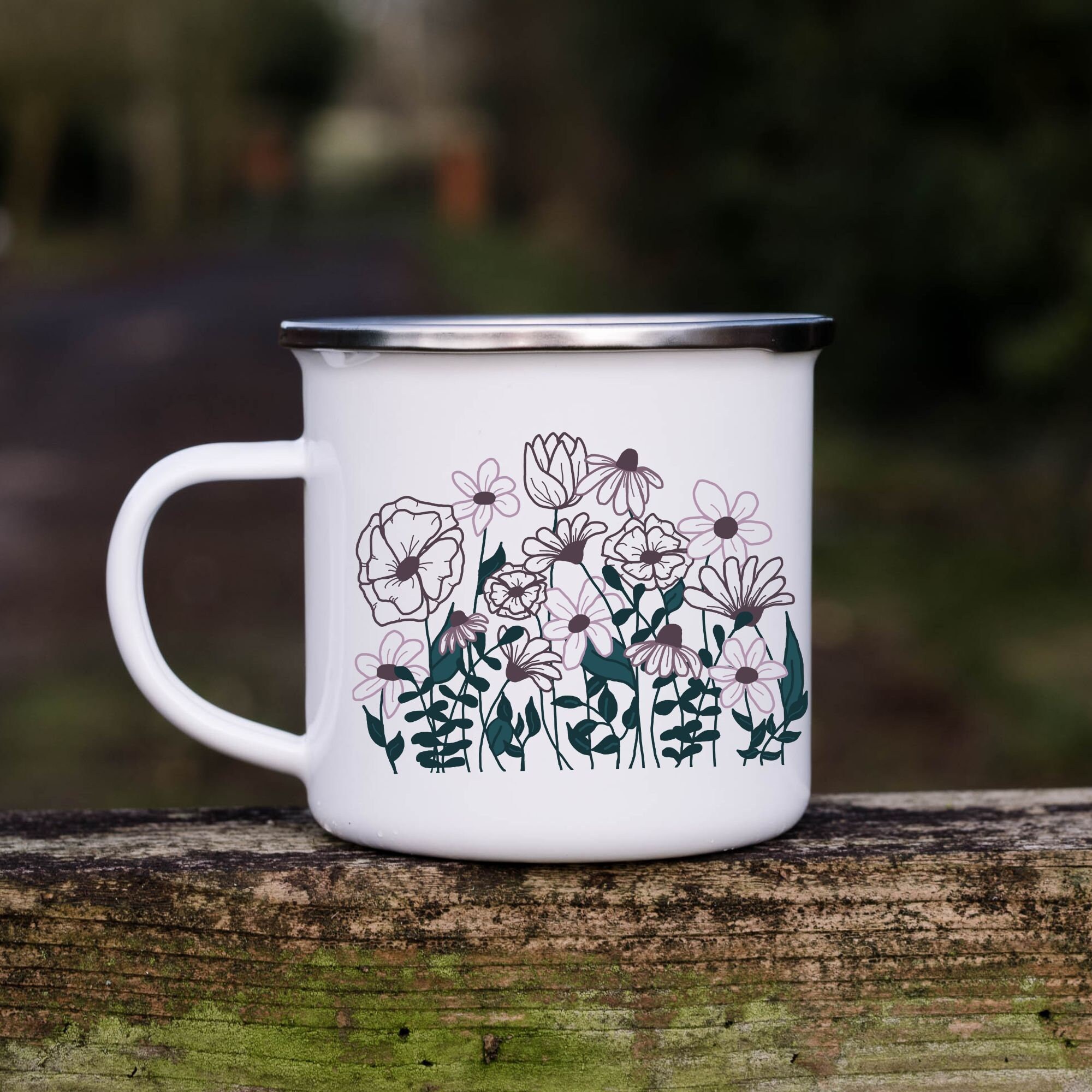Wildflower Graphic Camping Mug, Hand Drawn Nature-inspired Botanical ...