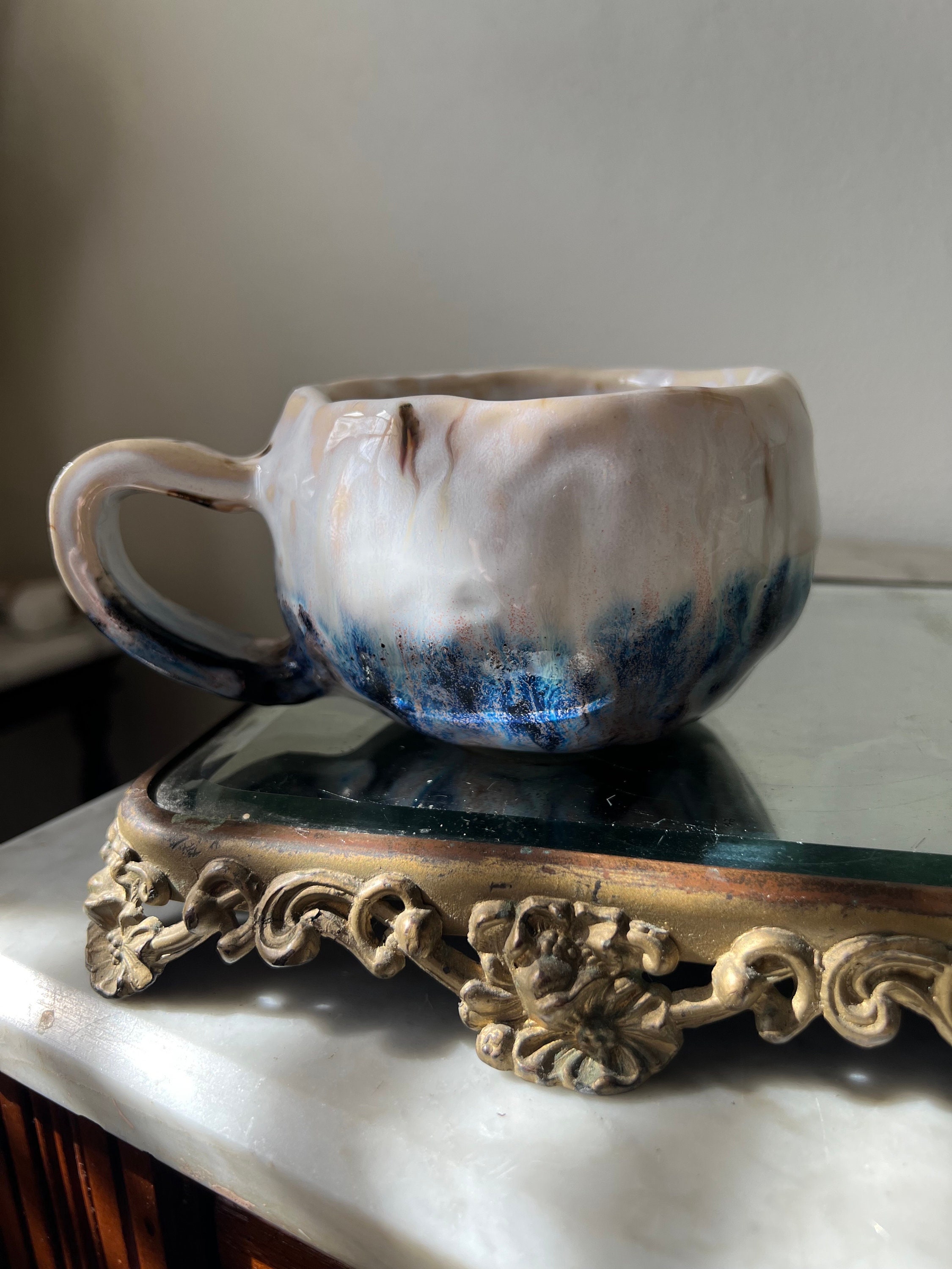 Handbuilt Pinched Ceramic Mug Matte Black Cream Blue Brown Glaze - Gift ...
