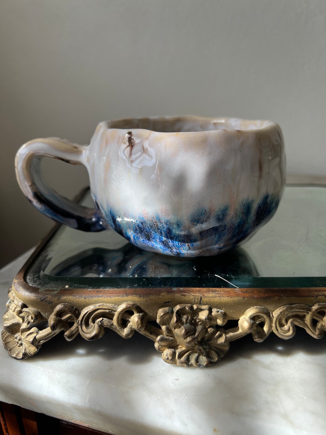 Handbuilt Pinched Ceramic Mug Matte Black Cream Blue Brown Glaze Gift ...