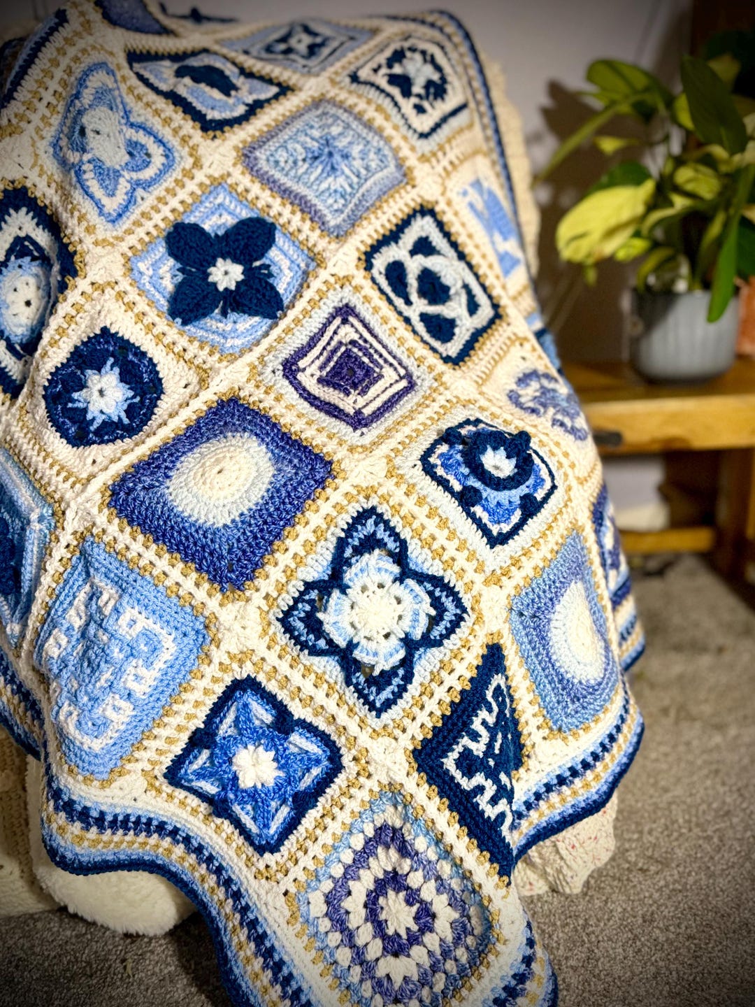 Blue Rosebud Crochet Blanket – Granny Square Cot or Pram Throw (34x42in ...