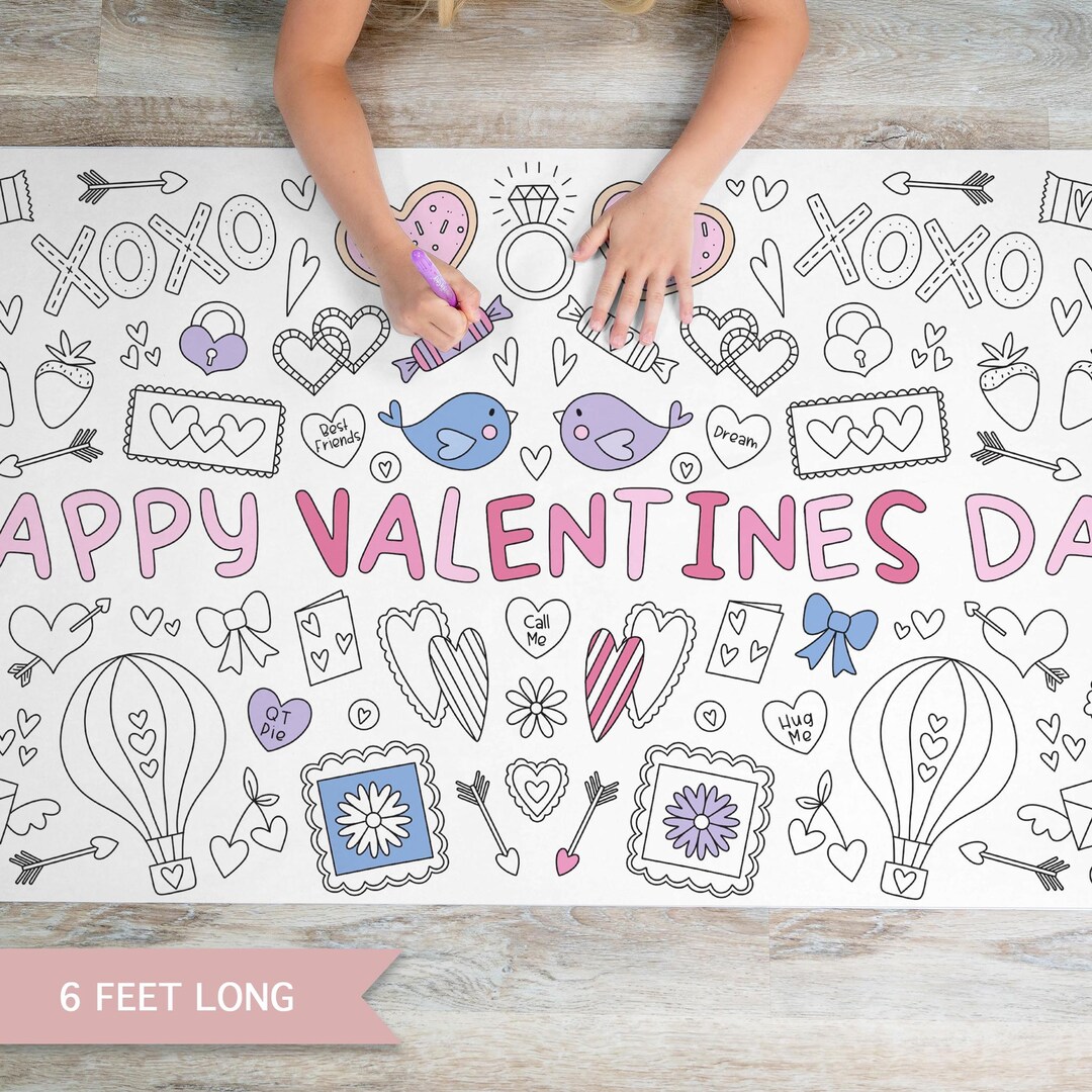 Giant Valentine's Day Coloring Page: Party Tablecloth, Wall Art (72x24 ...