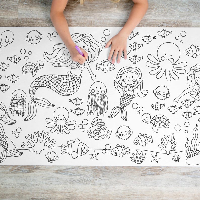 Giant Mermaids Fantasy Coloring Sheet or Paper Color Tablecloth | Large ...