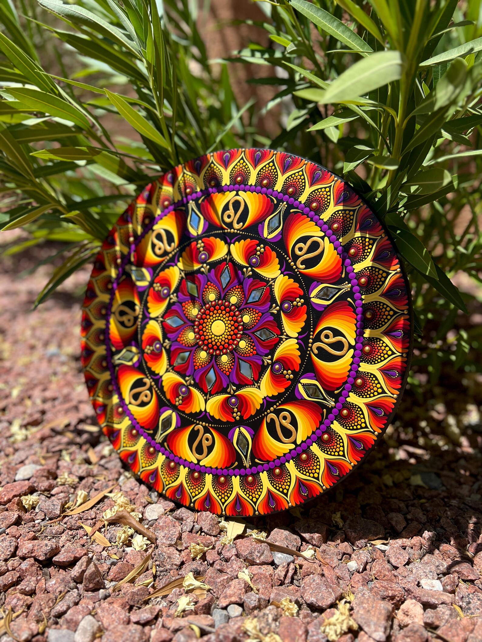 18" Leo Hand-painted Wooden Hanging Mandala | Dot Art Mandala | Boho ...