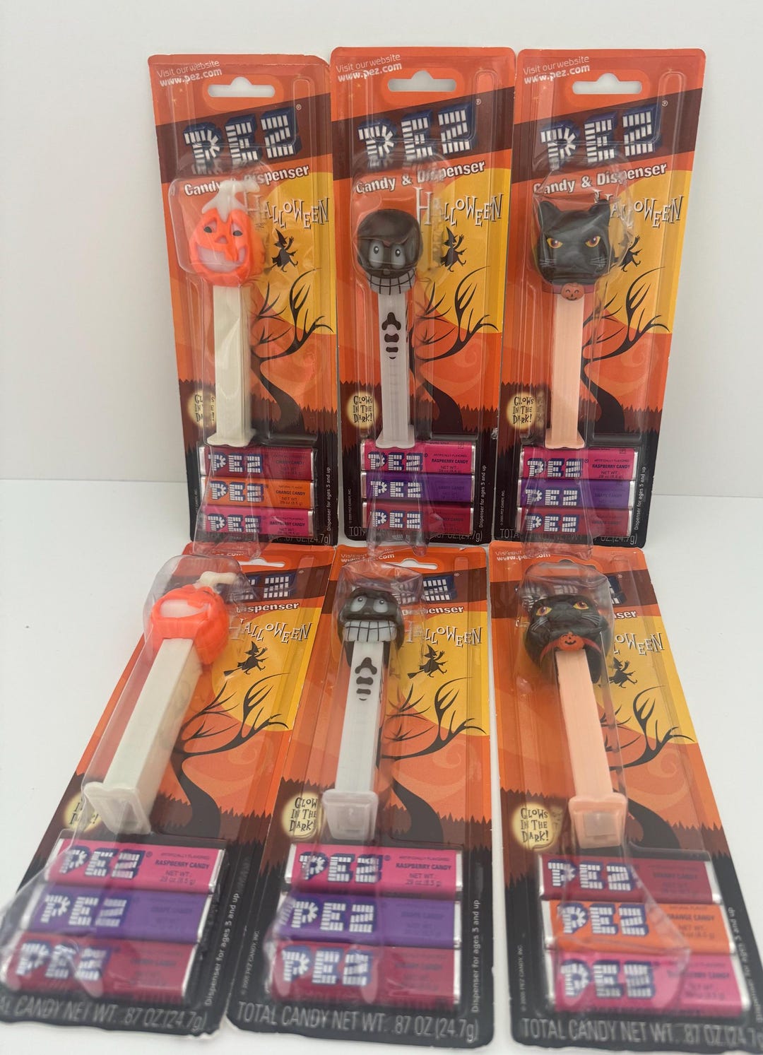 PEZ Halloween Glow in the Dark Set of 6, (2) Cats, (2) Pumpkins, (2 ...