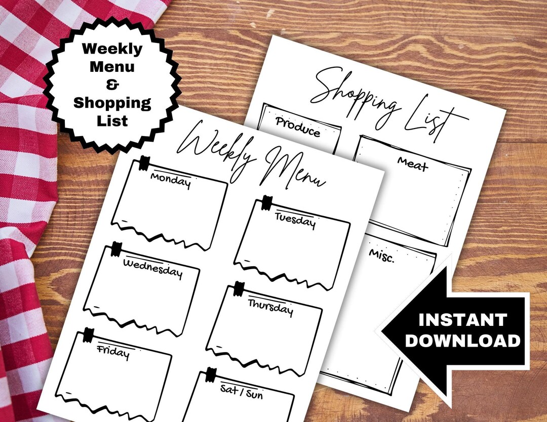 Weekly Menu and Shopping Printable Digital Download Planner, Weekly ...