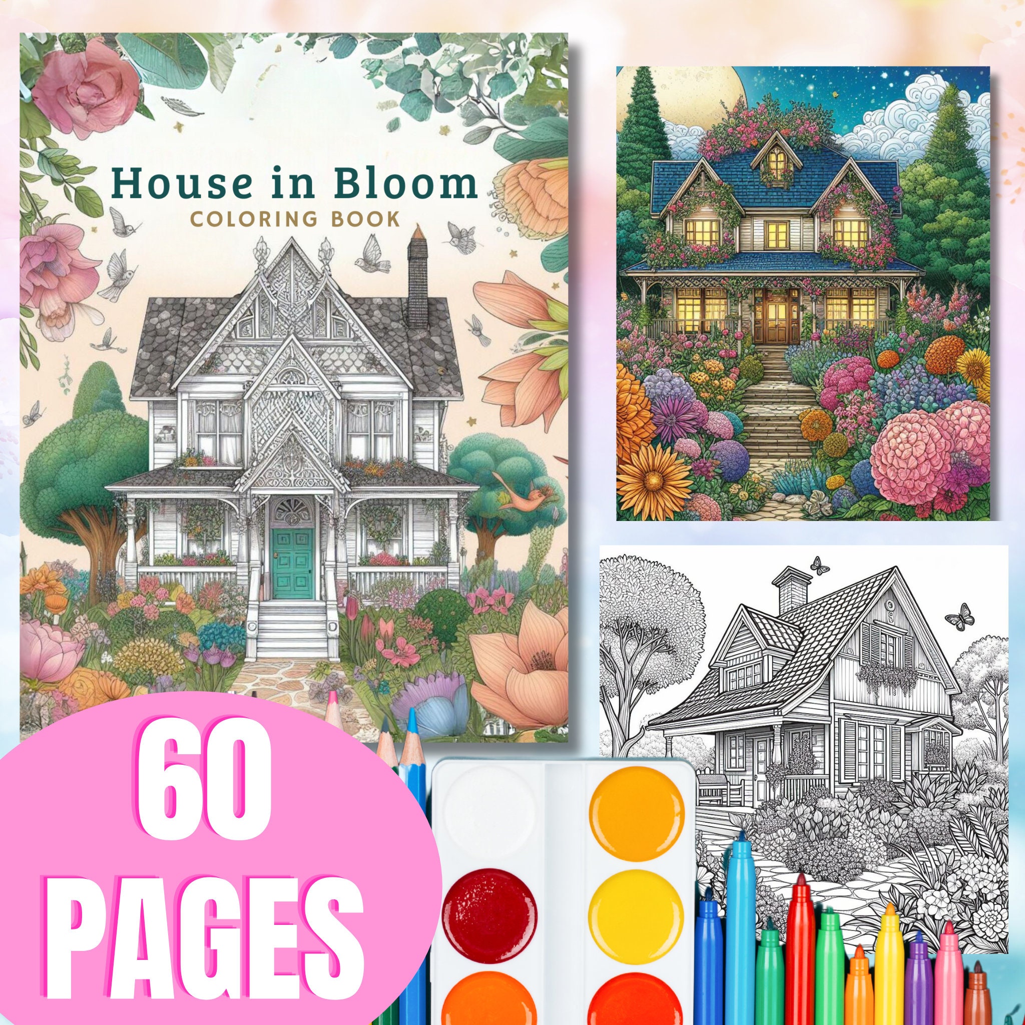 Printable Coloring Book Adult & Kids Sheets instant Download house in ...