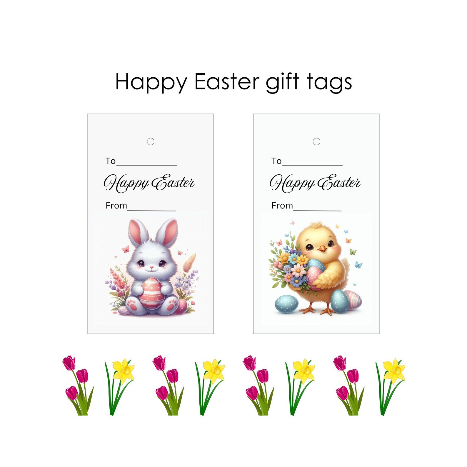Happy Easter Tags, Bunny + Flowers, Chick + Flowers, Easter Rabbit ...