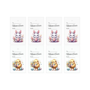 Happy Easter Tags, Bunny + Flowers, Chick + Flowers, Easter Rabbit ...