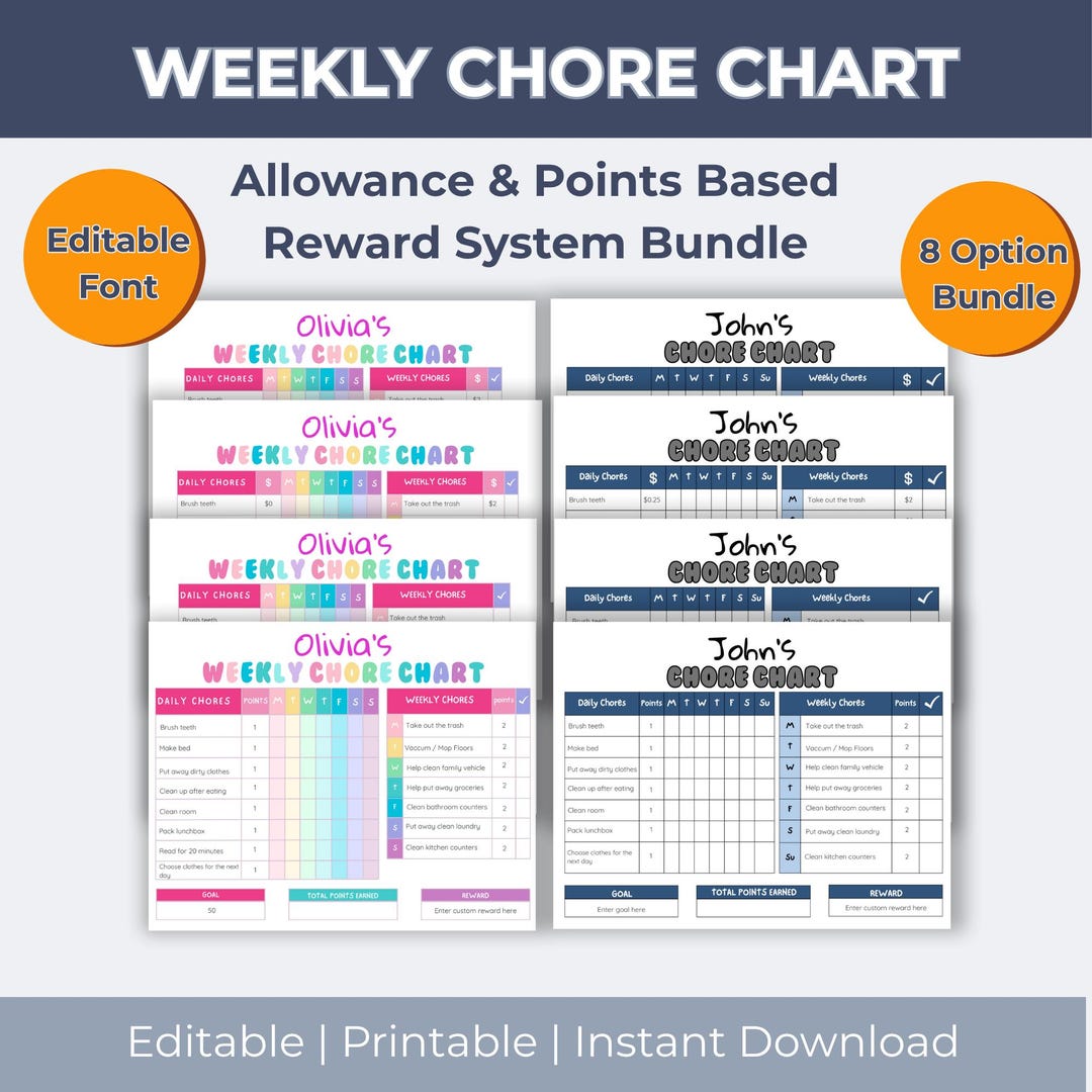 Editable Kids Chore Chart Bundle: Weekly Responsibility List Bundle ...