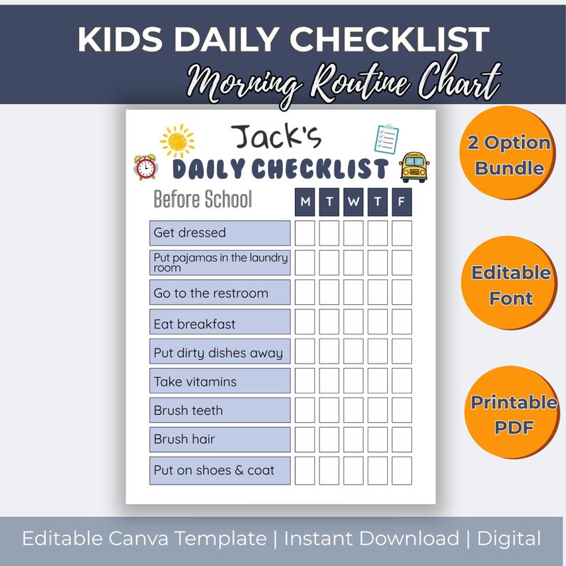 Editable Kids Morning Routine Chart: School Routine Checklist Blue ...