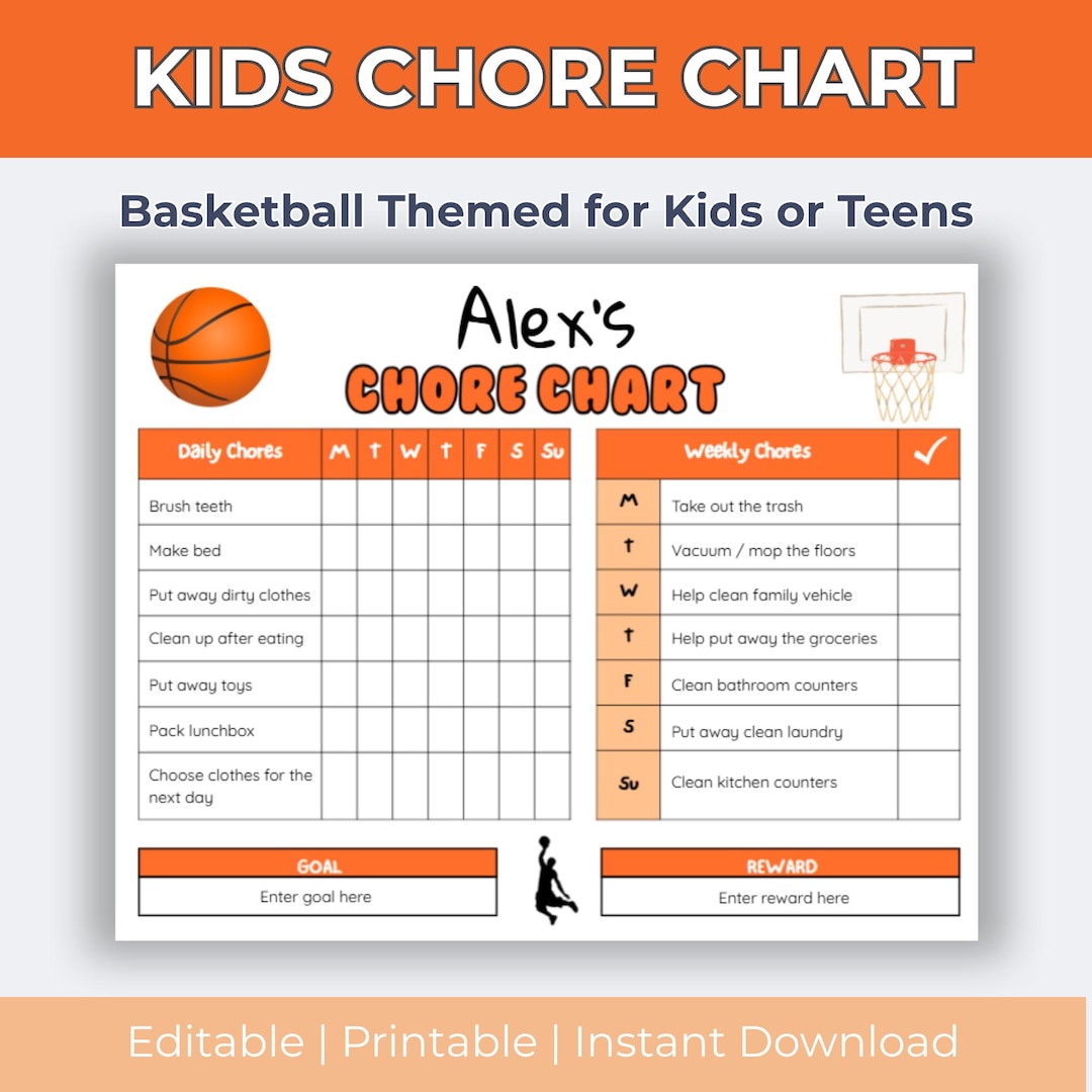 Basketball Chore Chart for Kids: Editable Responsibility Chart ...