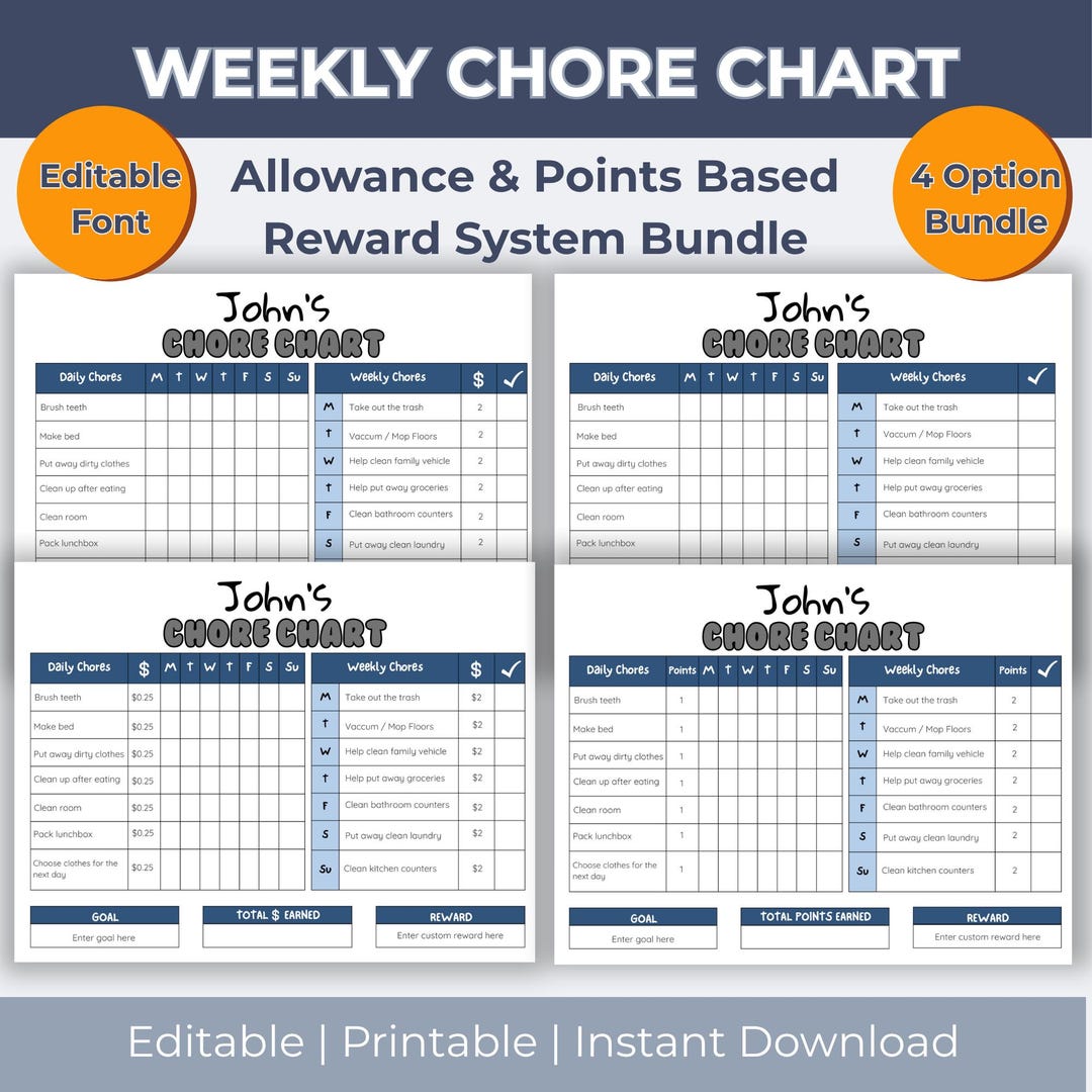 Editable Kids Chore Chart Bundle: Weekly Responsibility Chart Blue ...