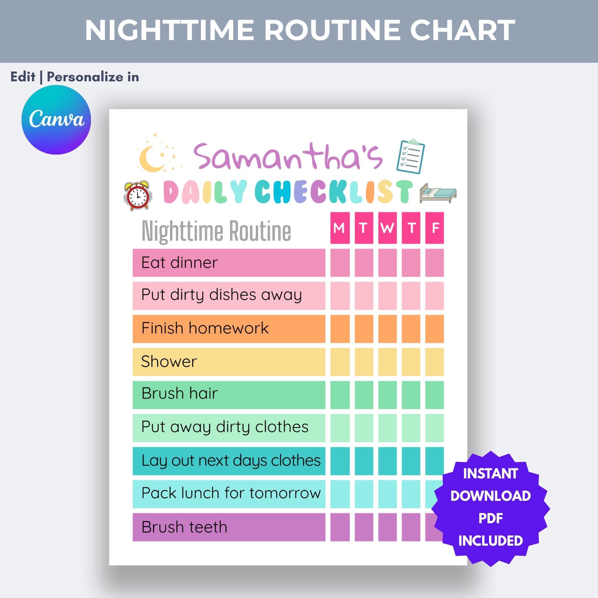 Editable Kids Daily Checklist: Morning School Routine Chart Rainbow ...
