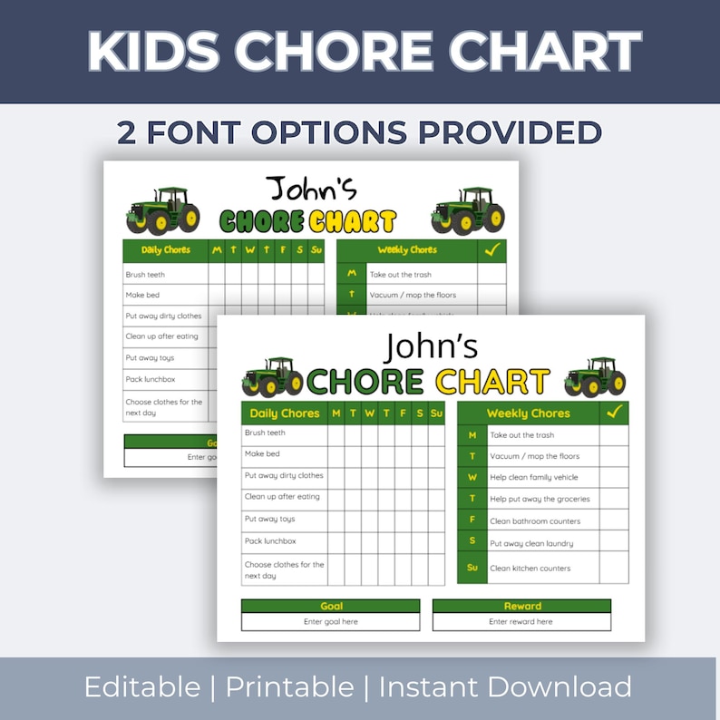 Tractor Editable Chore Chart for Kids Farm Theme Weekly Responsibility ...
