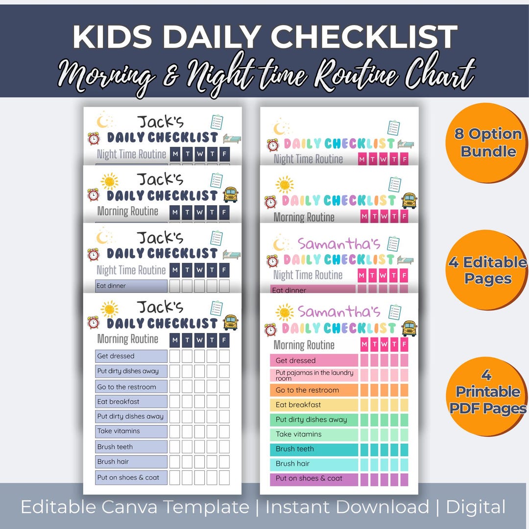 Editable Kids Daily Routine Chart: Morning and Night Checklist Bundle ...