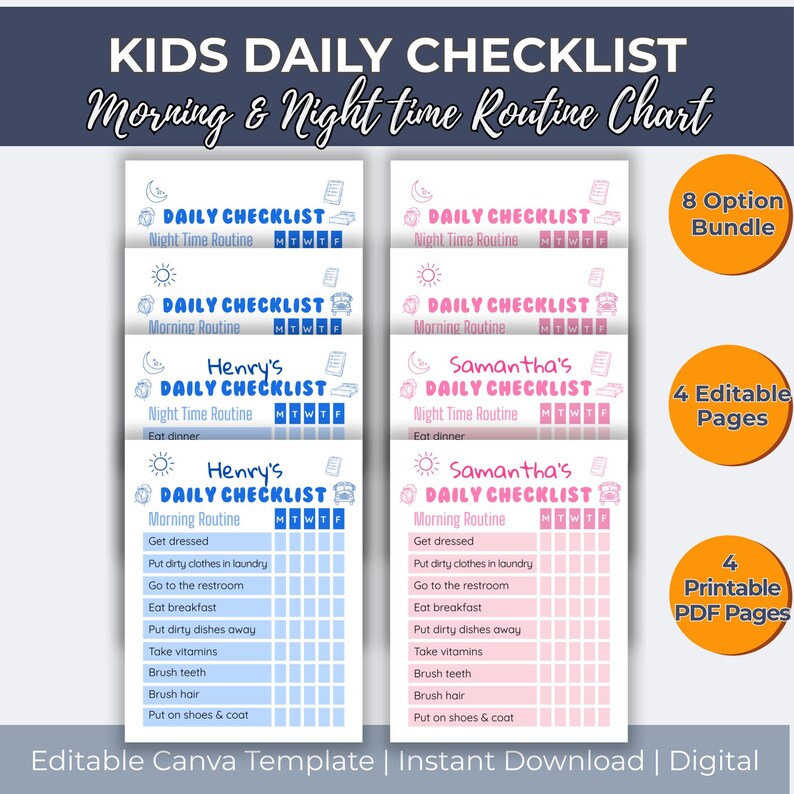 Editable Kids Daily Routine Chart: Morning and Night Checklist Bundle ...