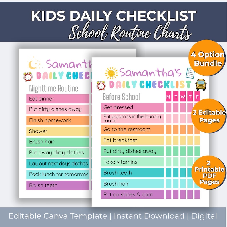Editable Kids Daily Checklist: Morning School Routine Chart Rainbow ...
