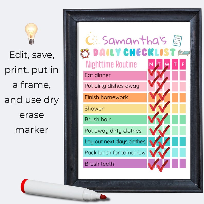 Editable Nighttime Routine Checklist: Bedtime Routine Chart Rainbow ...