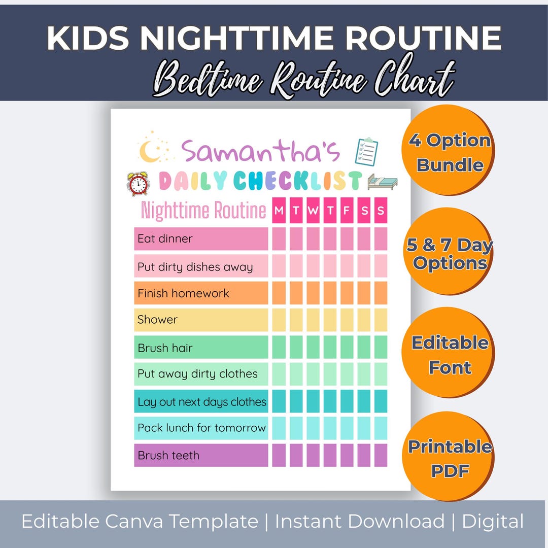 Editable Nighttime Routine Checklist: Bedtime Routine Chart Rainbow ...