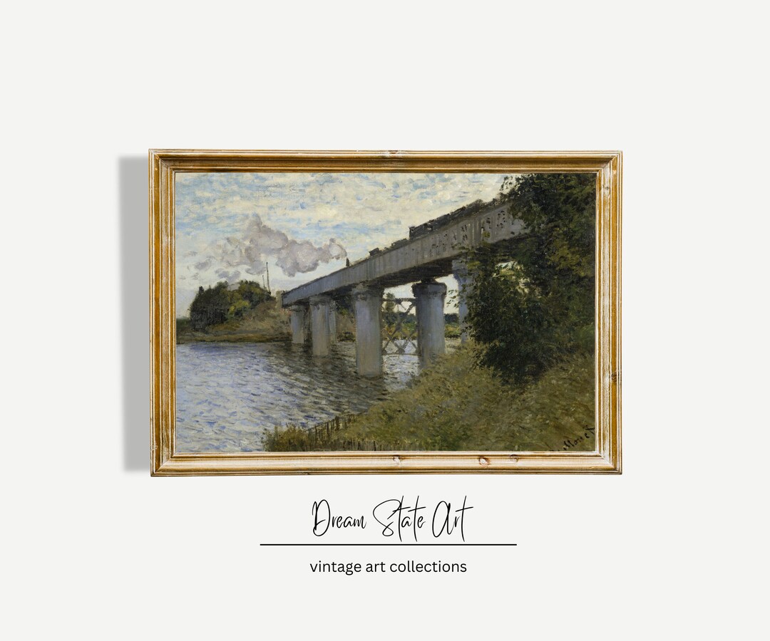 Vintage Bridge Landscape Painting Train Going Over Bridge Fine Art ...