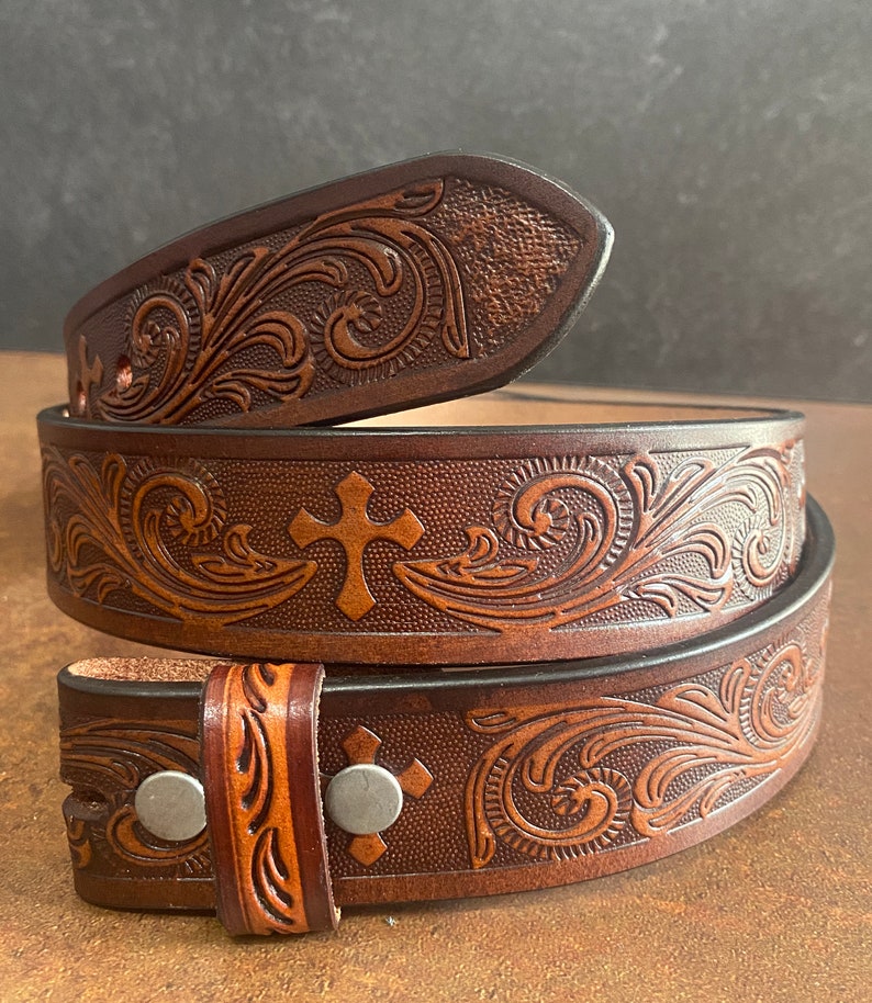 Tooled Western Cross Carved Leather Belt 100% Genuine Full Grain ...