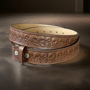 Leather Skull Belt, Biker Belt, Skull Tooled Brown Leather Belt, Custom ...