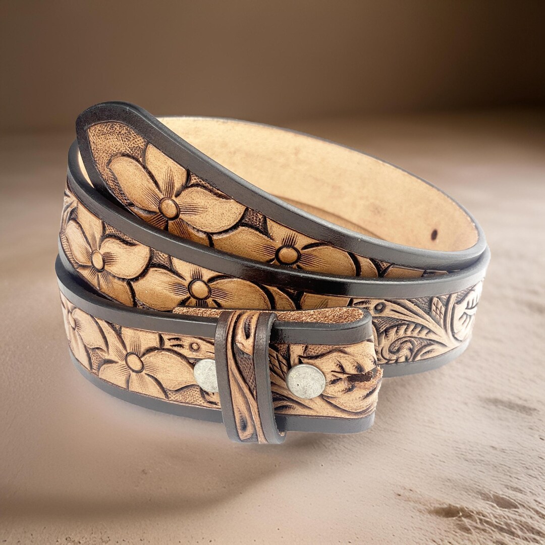 Women's Belt, Tooled Western Floral Engraved Leather Belt 100% Genuine ...