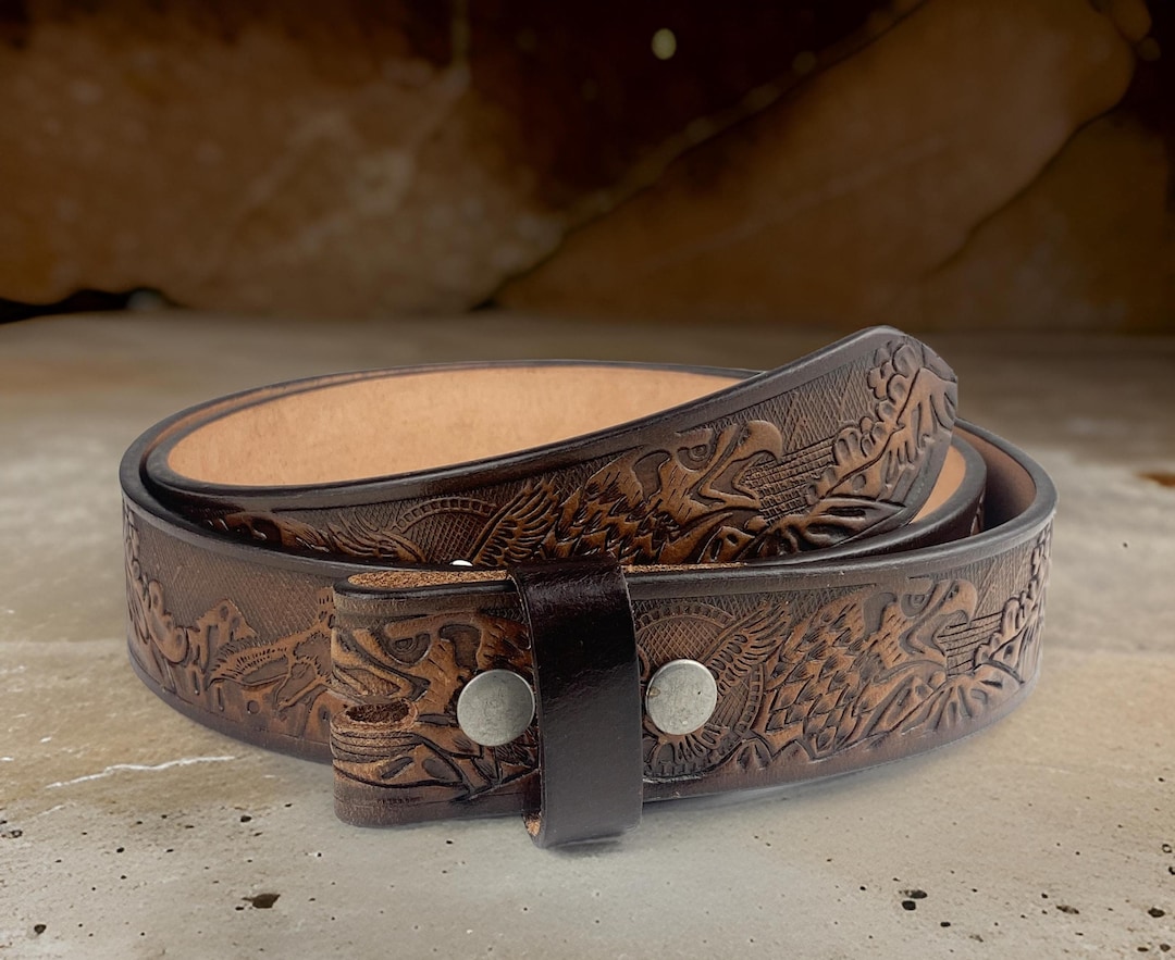 Full Grain Leather Snap-on Belt, Tooled Western Rodeo Engraved Leather ...