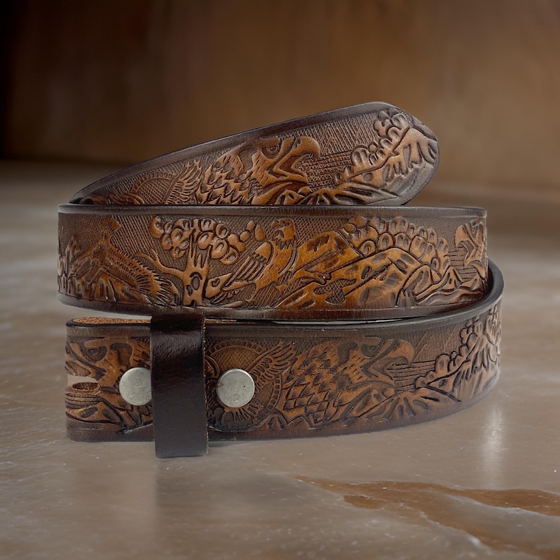 Full Grain Leather Snap-on Belt, Tooled Western Rodeo Engraved Leather ...