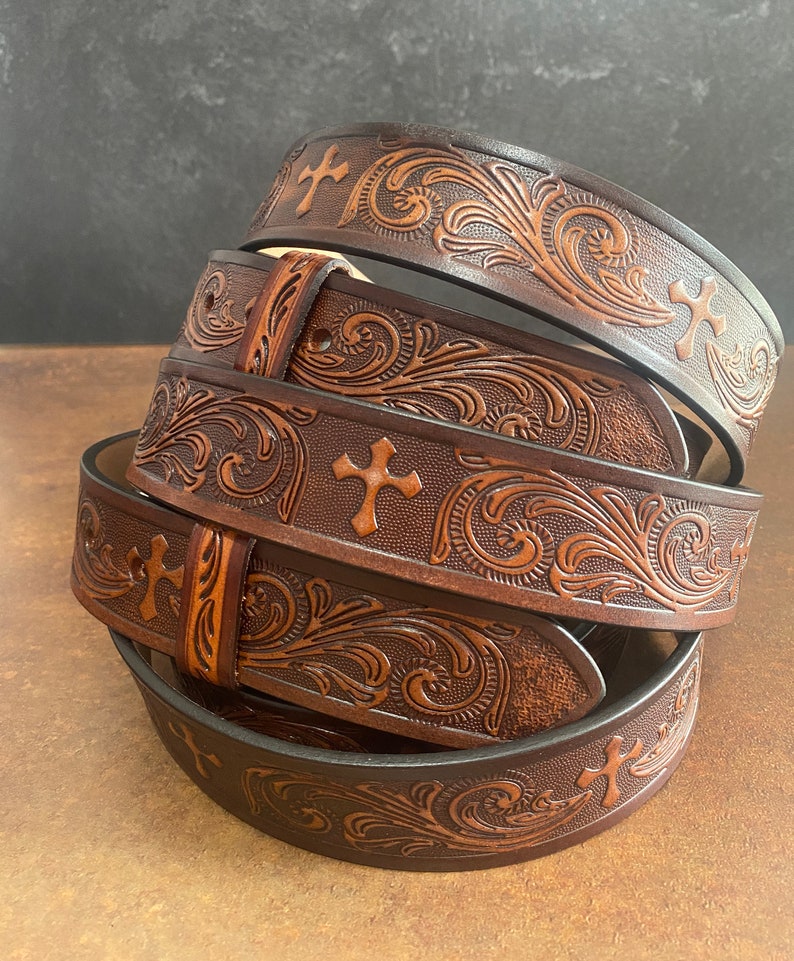 Tooled Western Cross Carved Leather Belt 100% Genuine Full Grain ...