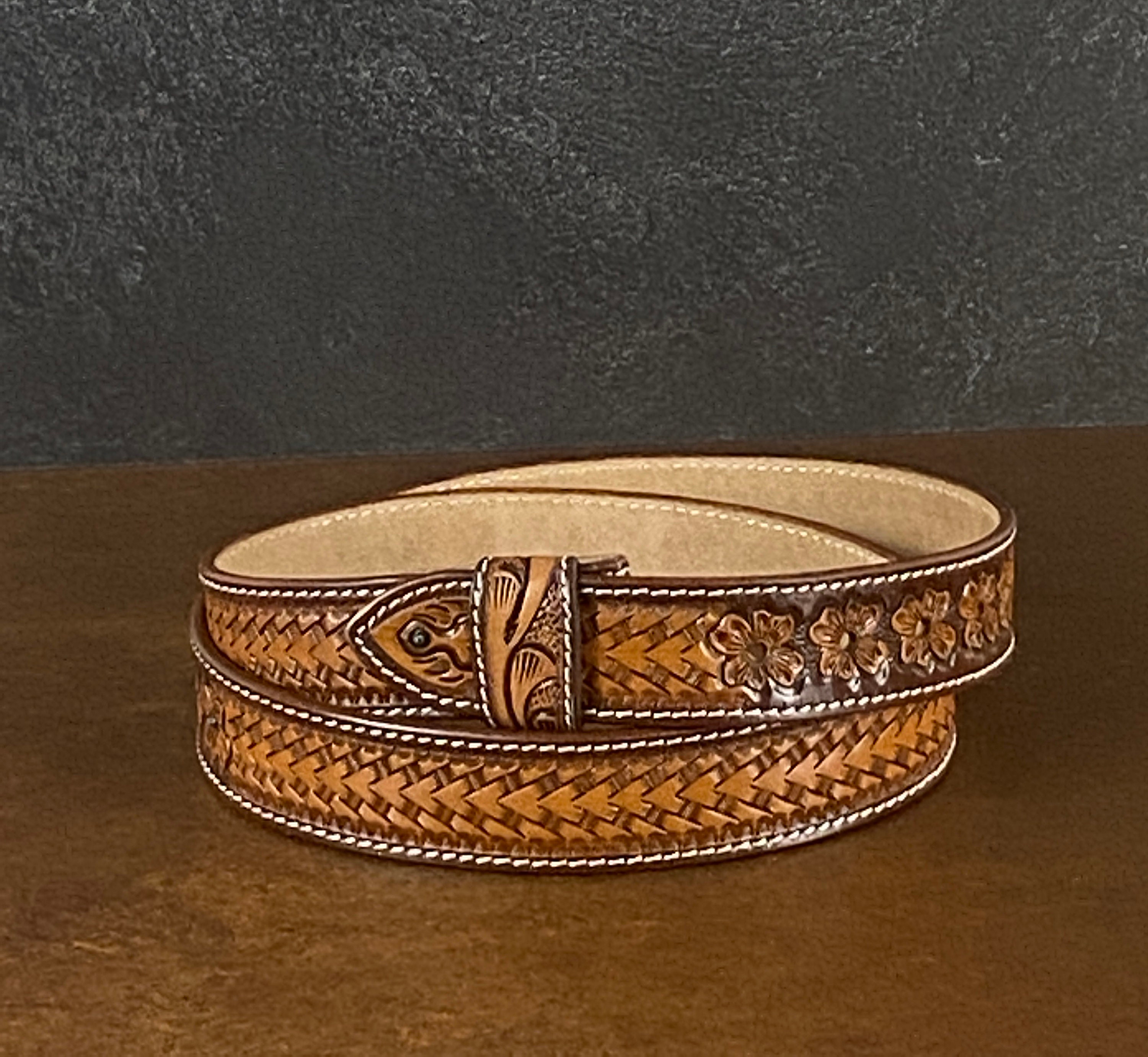 Women's Belt, Tooled Western Floral Engraved Leather Belt 100% Genuine ...