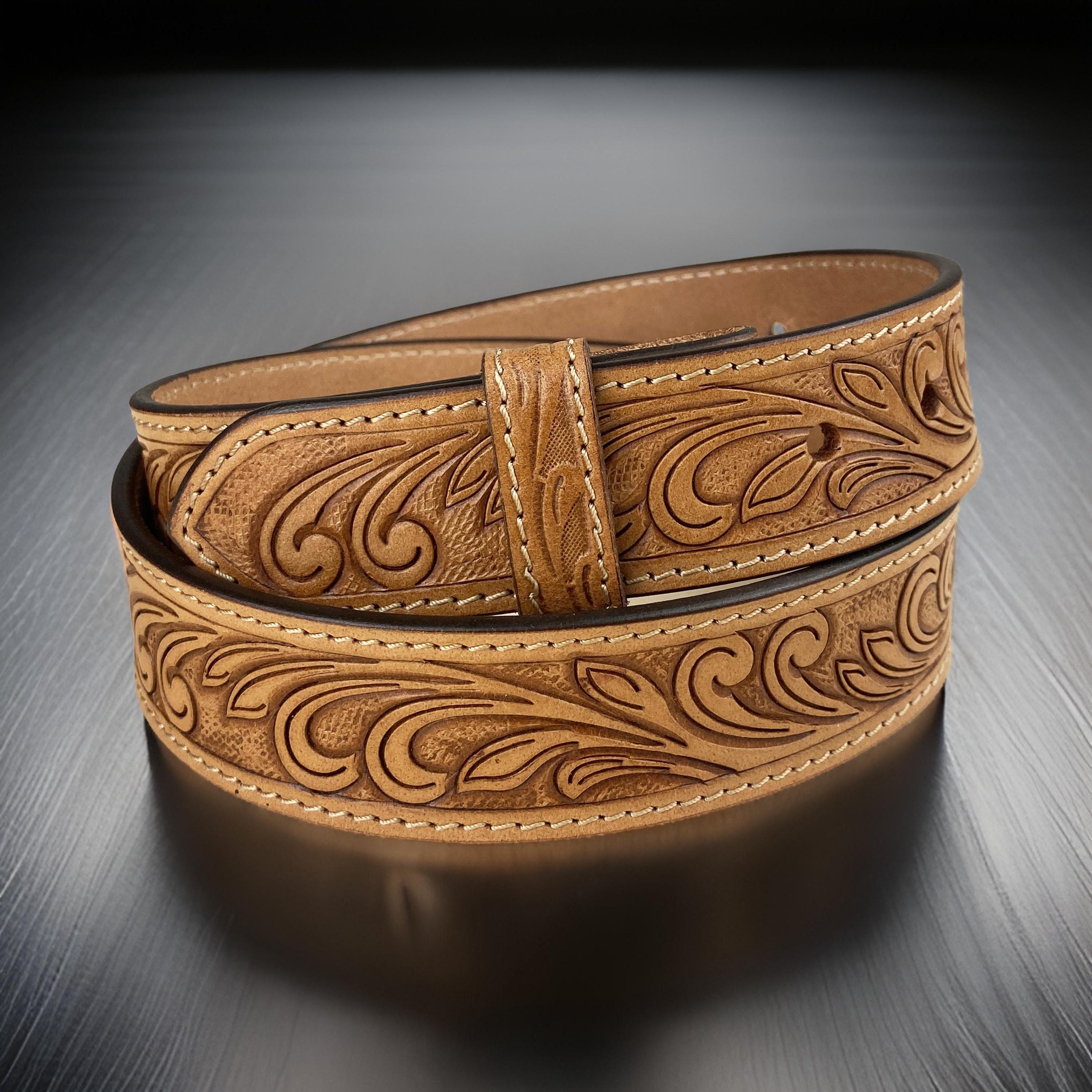 Tooled Western Floral Engraved Leather Belt 100% Genuine Full Grain ...
