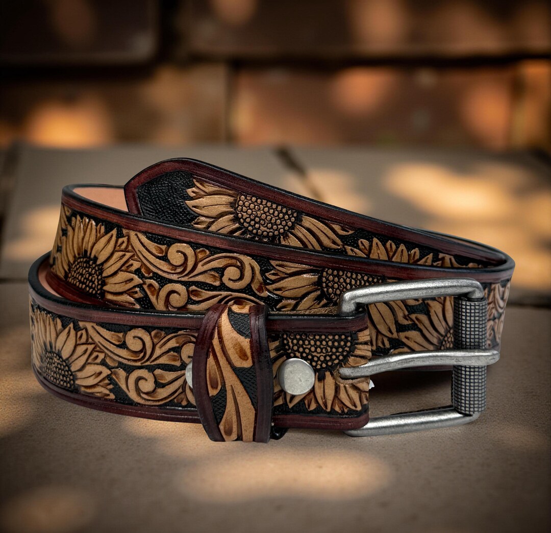 Tooled Western Floral Engraved Leather Belt 100% Genuine Full Grain ...