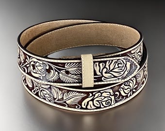 Full Grain Leather Snap-on Belt, Tooled Western Floral Engraved Leather ...