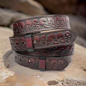 Leather Skull Belt, Biker Belt, Skull Tooled Brown Leather Belt, Custom ...