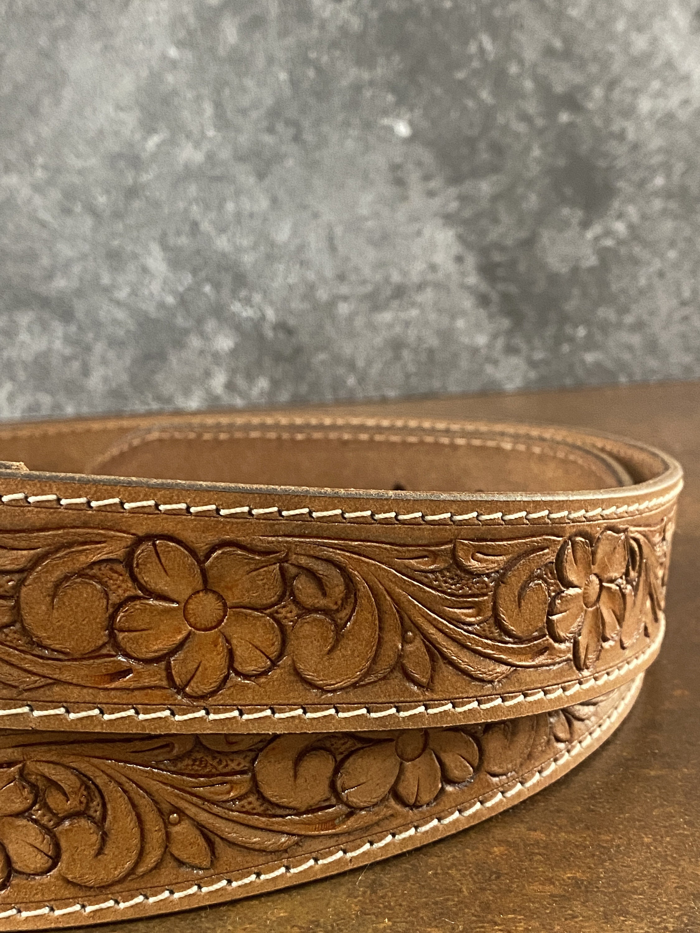 Women's Belt, Tooled Western Floral Engraved Leather Belt 100% Genuine ...