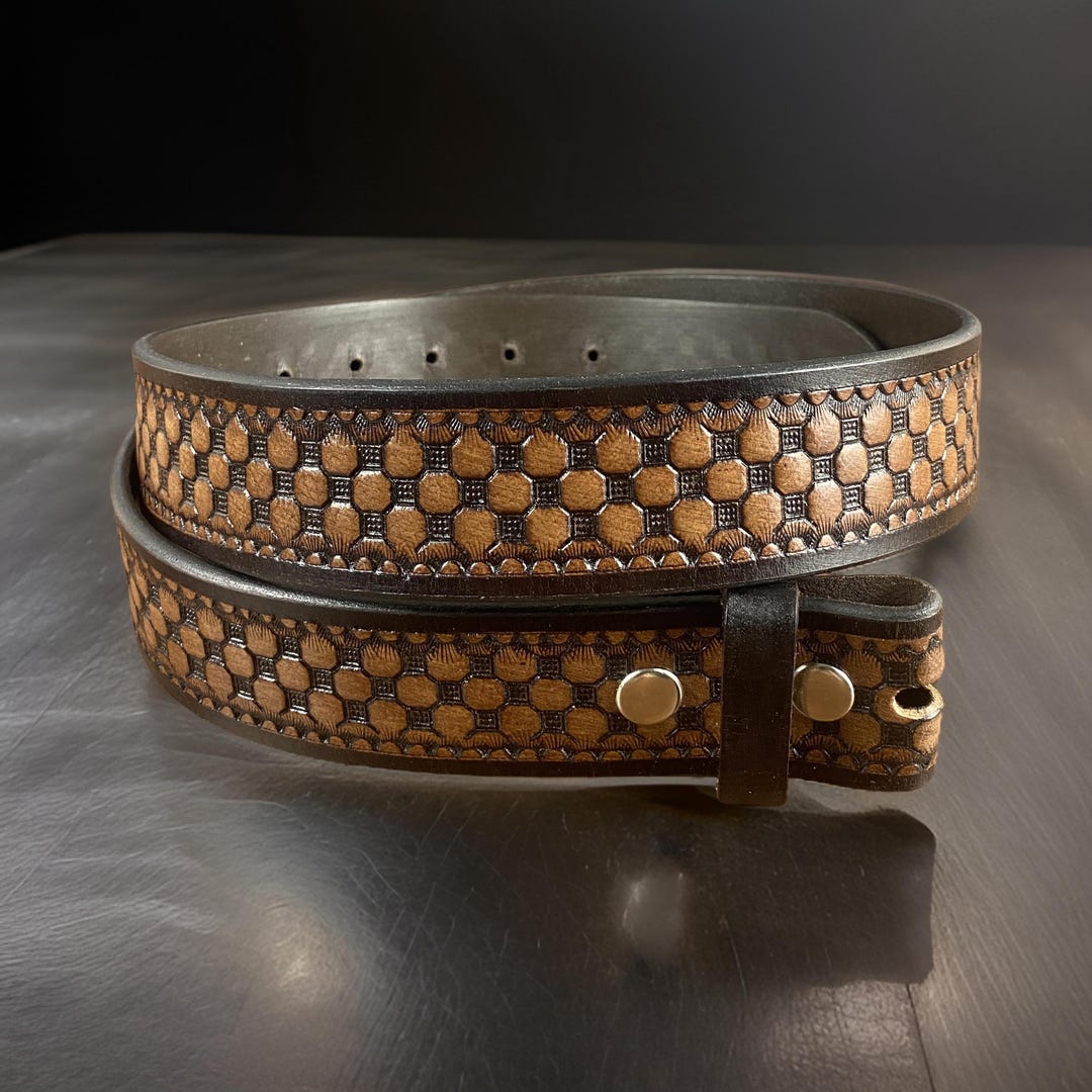 Full Grain Leather Snap-on Belt, Tooled Western Floral Engraved Leather ...