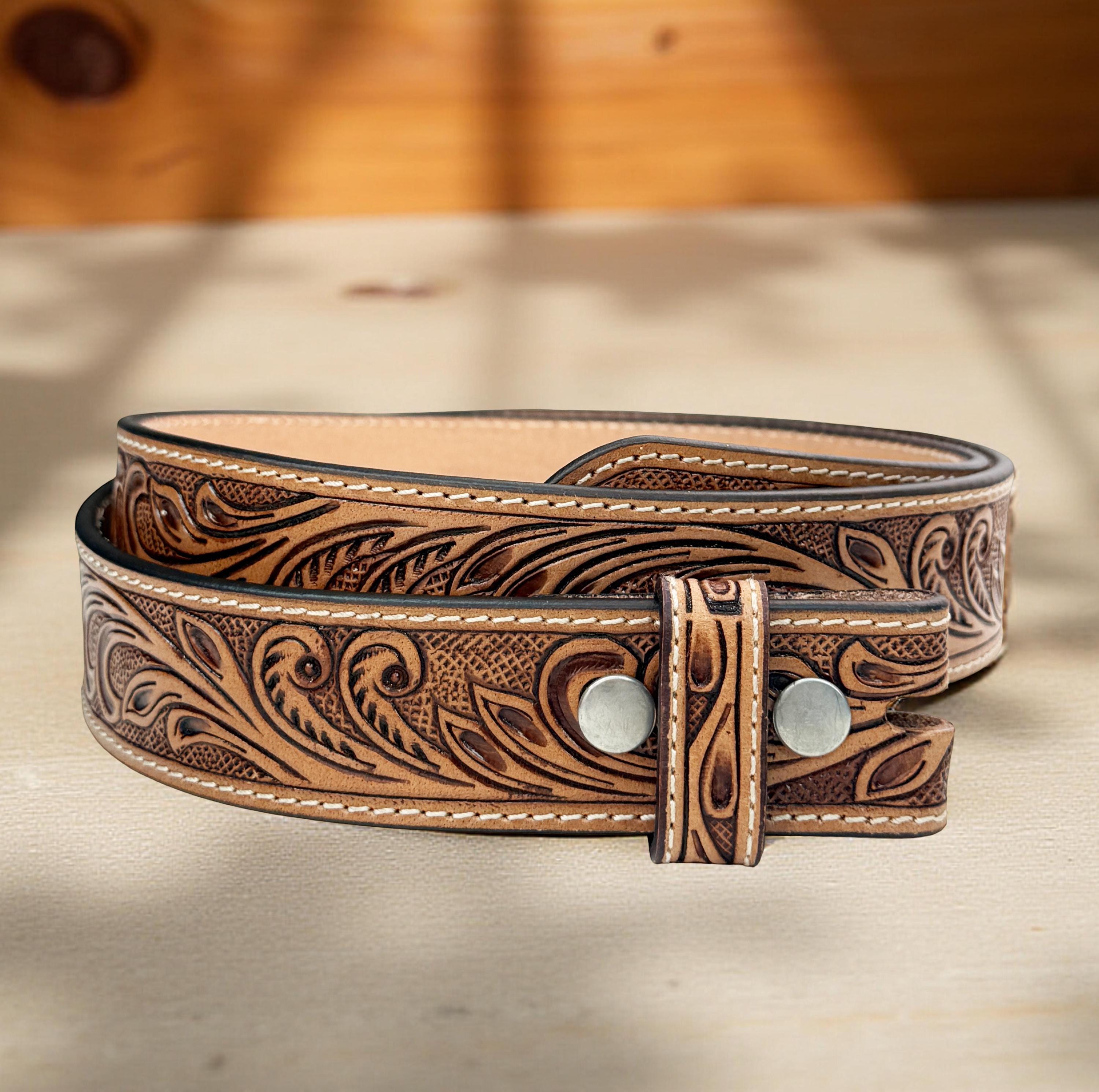 Tooled Western Floral Engraved Leather Belt 100% Genuine Full Grain ...