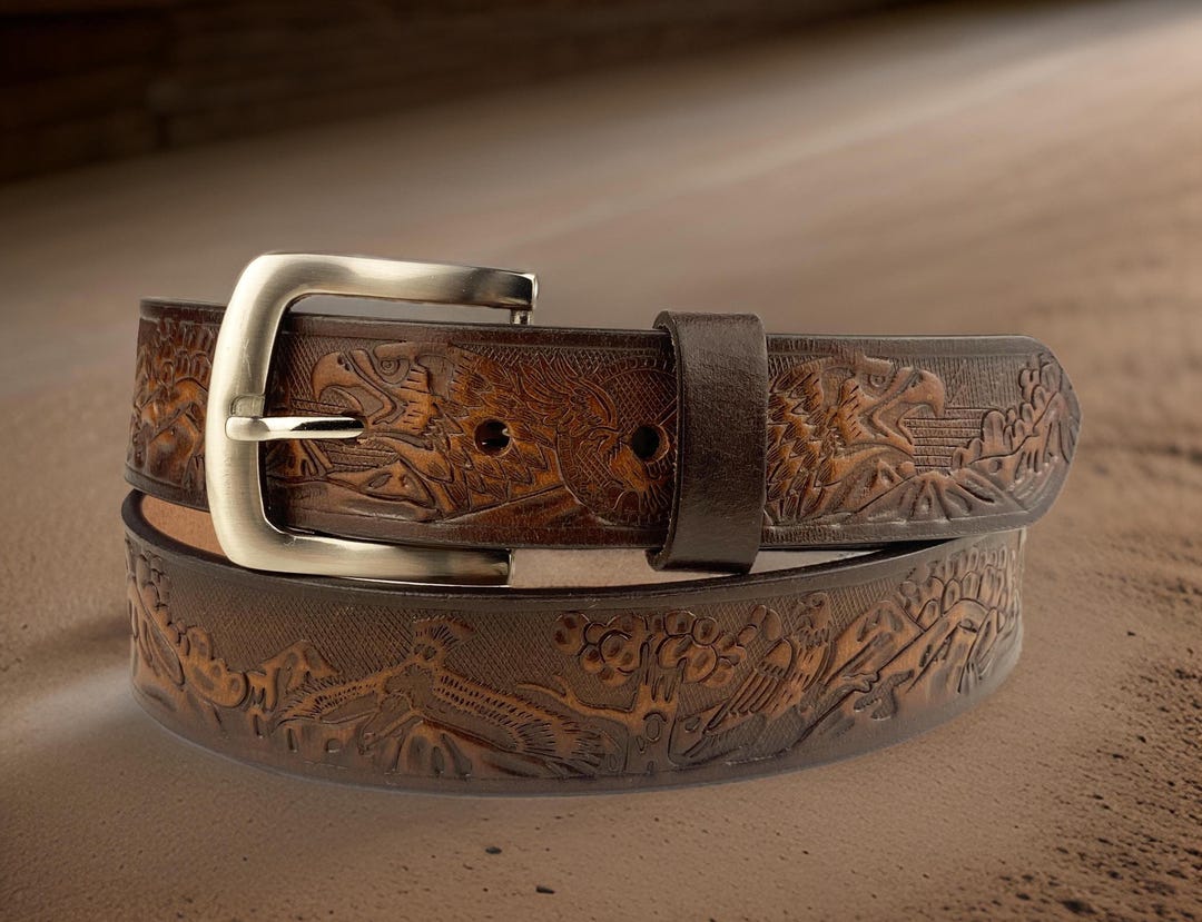 Tooled Western Eagle Carved Leather Belt 100% Genuine Full Grain ...