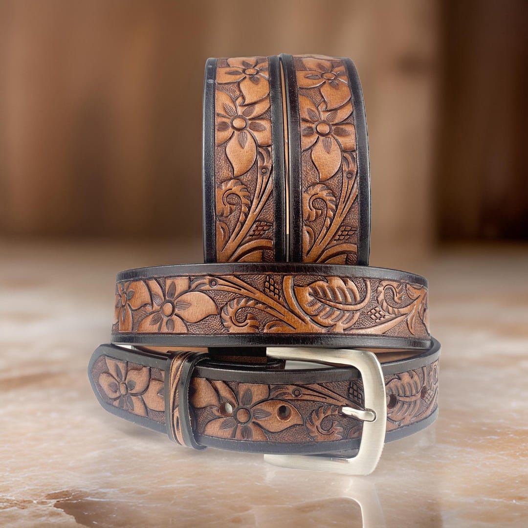 Women's Belt, Tooled Western Floral Engraved Leather Belt 100% Genuine ...