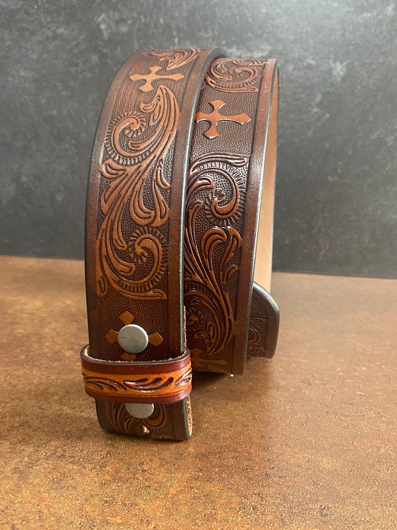 Tooled Western Cross Carved Leather Belt 100% Genuine Full Grain ...